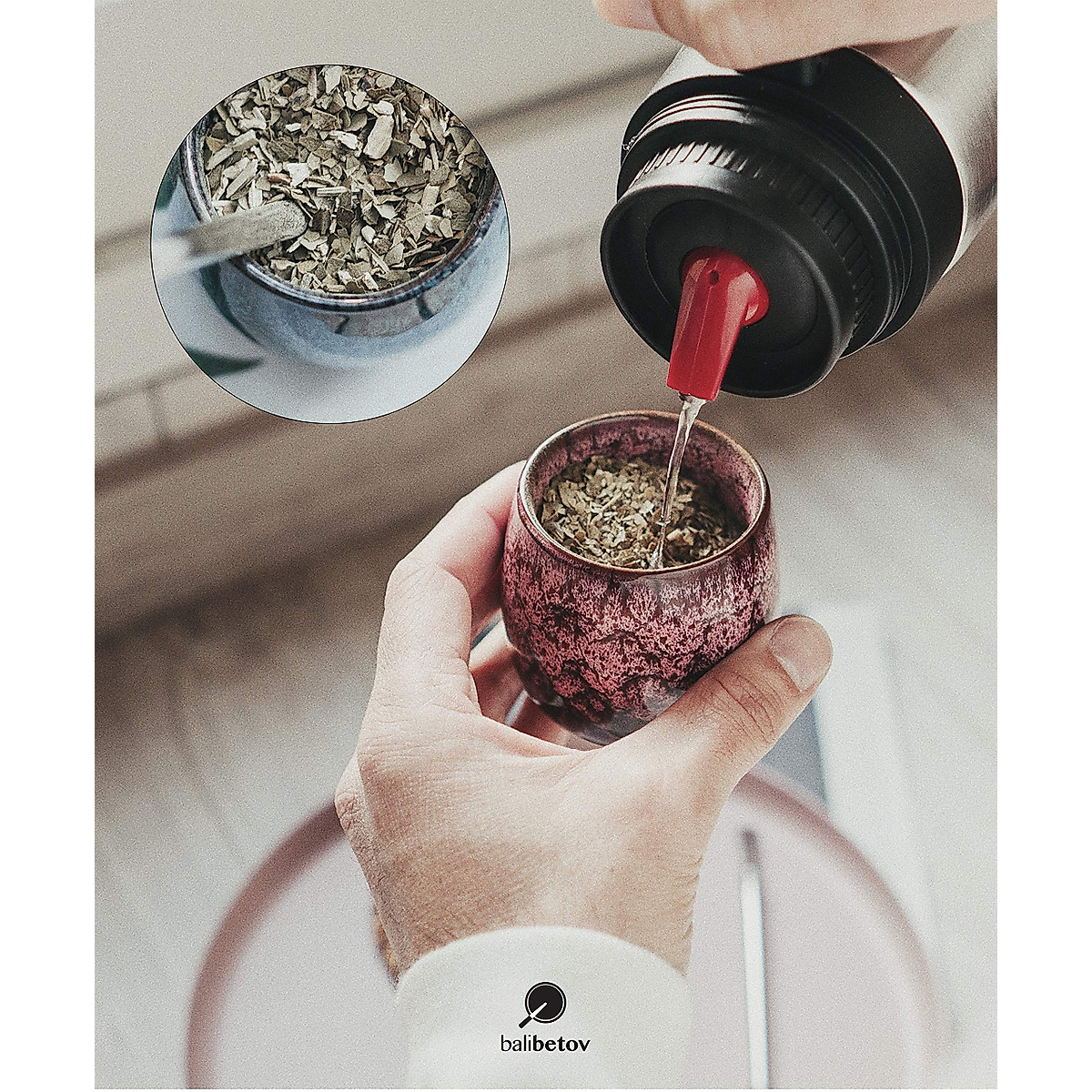 BALIBETOV Yerba Mate Set - Ceramic Mate Cup - Bombilla (Straw) and Cleaning Brush Included - Modern Yerba Mate Gourd - Easy To Clean Mate Gourd for Yerba Mate Loose Leaf Drinking. (Summer)