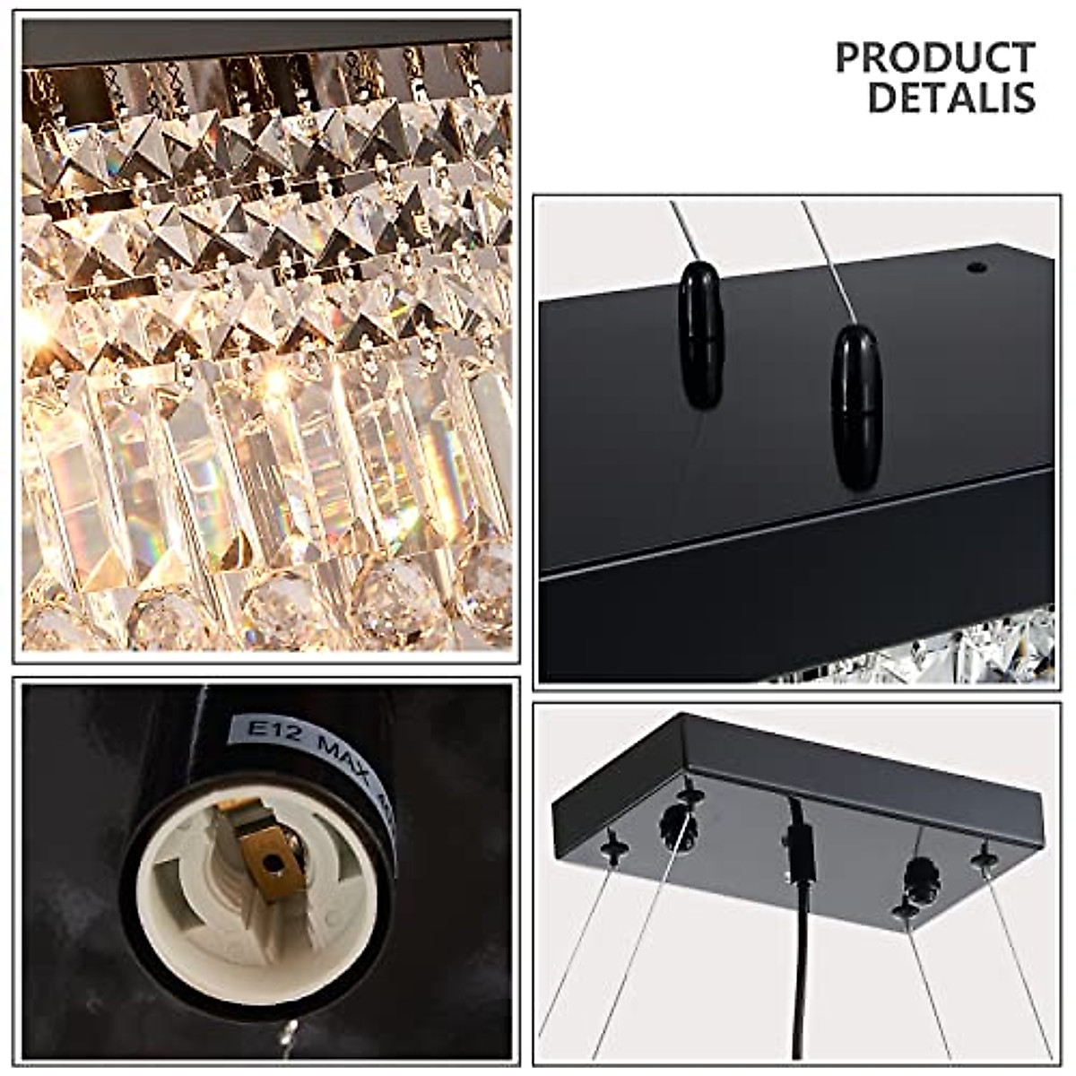 ShiJia Moooni Modern 8 Lights Rectangular Crystal Chandelier Rectangle Raindrop Chandeliers Pendant Light Fixture for Dining Rooms Island Black L39.5