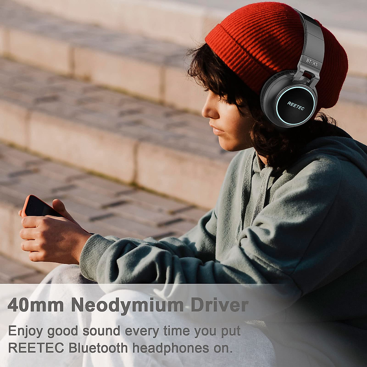 REETEC Bluetooth Headphones Over Ear - [Colorful LED Lights, 20H Playtime] Foldable Hi-Fi Stereo Wireless Headphones with Built-in Mic for iPhone, iPad, Smartphones, Laptop, PC, SD/TF, Grey