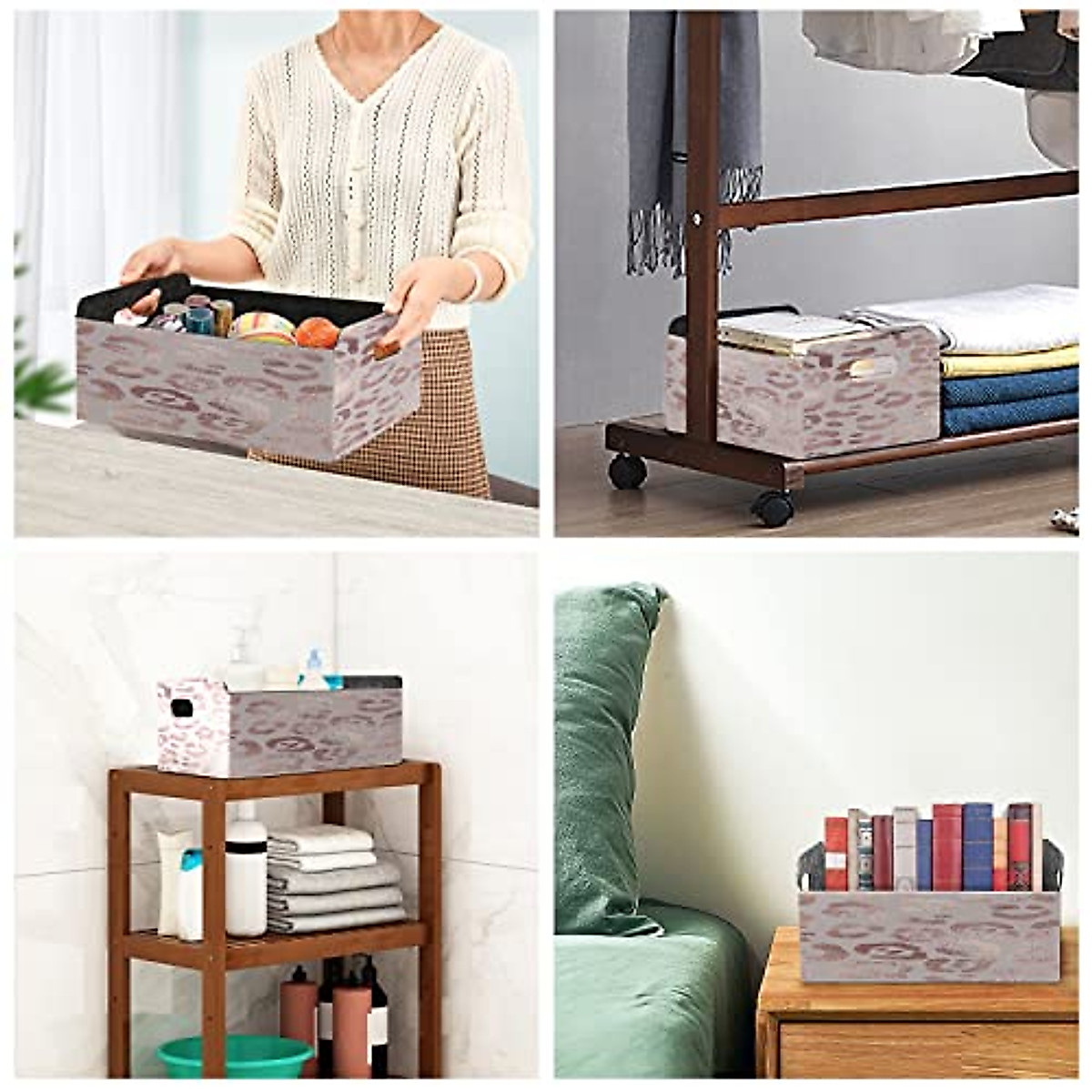 Kigai Collapsible Felt Storage Bins Rose Gold Leopard Print Rectangle with Handle Storage Bins Baskets Toys Storage Basket for Organizing Closet Clothes Office Books Home Decor