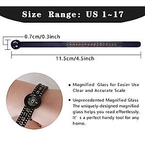 Ring Sizer Measuring Tool JRONGHE Reusable Finger Size Measuring Tape with Magnified Glass, Jewelry Sizing Tool 1-17 USA Rings Size