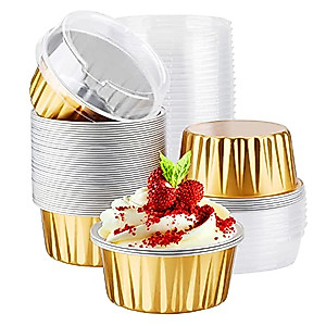 EUSOAR Disposable Ramekins, Gold 50pcs 5oz Mini Aluminium Foil Baking Cups with Lids Creme Brulee Cupcake Liners, Desert Cheesecake Pans Flan Molds Tin Cups Containers for Party Favor Birthday