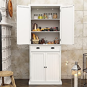 HLR Freestanding Kitchen Pantry Storage Cabinet with Adjustable Shelves, Black Pantry Cabinet for Kitchen, Living Room and Dining Room,White