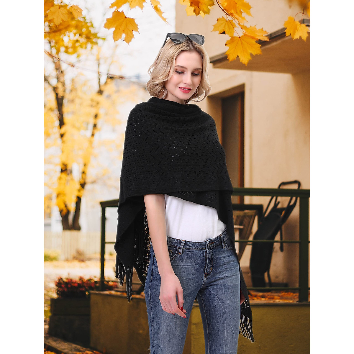 Knit Shawl Wrap for Women - Soul Young Ladies Fringe Knitted Poncho Blanket Cardigan Cape(One Size,Black)