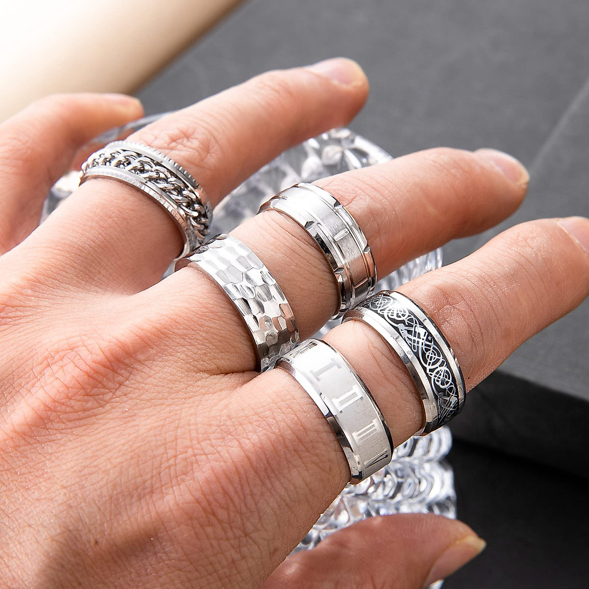 YOVORO 9Pcs Stainless Steel Band Rings for Men Women Fidget Anxiety Relief Rings Spinner Ring Wedding Promise Rings Set S10