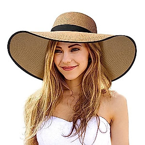 Womens Sun Hat UV Protection Wide Brim Beach Hat Floppy Foldable Roll-Up Straw Hats for Women UPF 50, E Khaki&Black