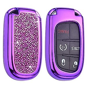 Royalfox 3d bling shiny rhinstone girly 3/4/5 buttons key fob case cover skin for Jeep Grand Cherokee Renegade,Fiat,Dodge Charger Challenger Dart Journey Durango,chrysler 200 300 (purple with silver)