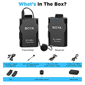 Wireless Lavalier Microphone System BOYA-CWM1 2.4GHz Wireless Lapel Microphone with 1 Transmitter and 1 Receiver Professional Lav Mic for DSLR Cameras, Camcorders, iPhone, Android Smartphones