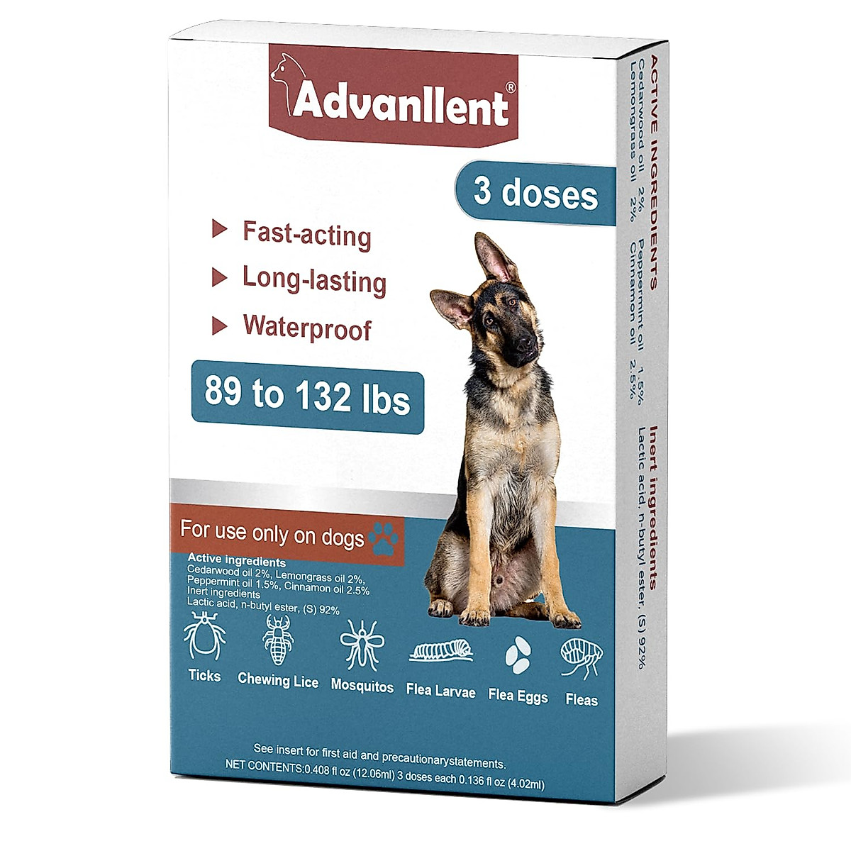 Advanllent Flea and Tick Prevention for Dogs, Flea and Tick Treatment for Extra Large Dog, Natural Essential Oil, Flea & Tick Control, 89-132 Pounds, 3 Doses