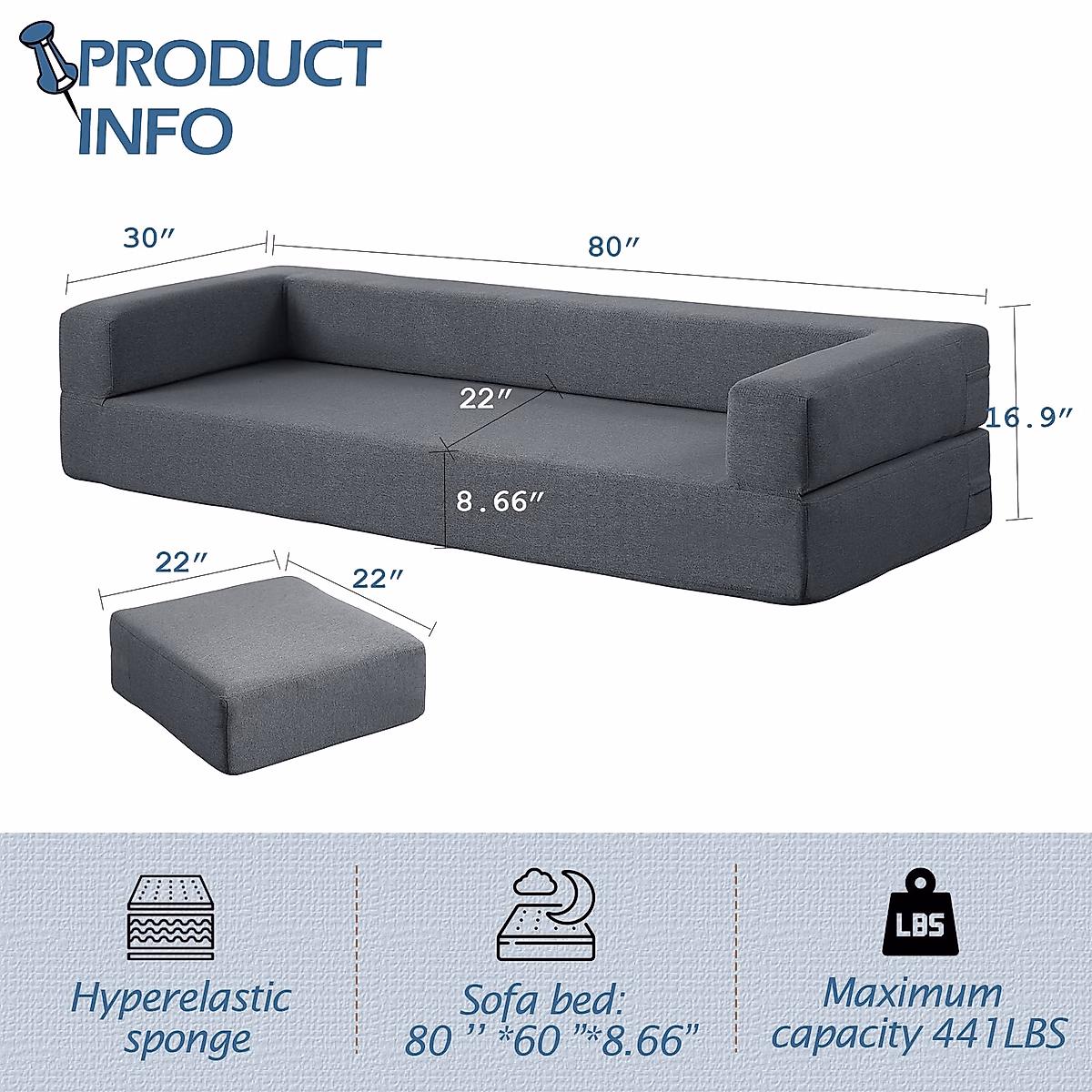Uoobmope Convertible Floor Sofa Bed, Foldable Sofa Couch with 3 Ottomans, Memory Foam Fold Out Sleeper, Folding Mattress Futon Sofa Bed for Living Room/Bedroom/Studio-Dark Grey