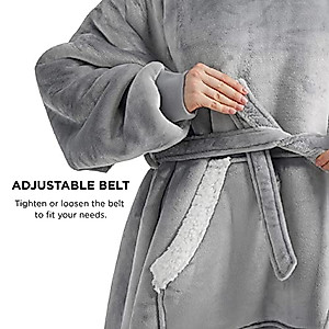 BEDSURE Ovesized Wearable Blanket Hoodie, Long Sherpa Fleece Blanket Sweatshirt as Gifts for Men, with Warm Big Hood for Christmas, Side Split and Belt, Grey, Standard
