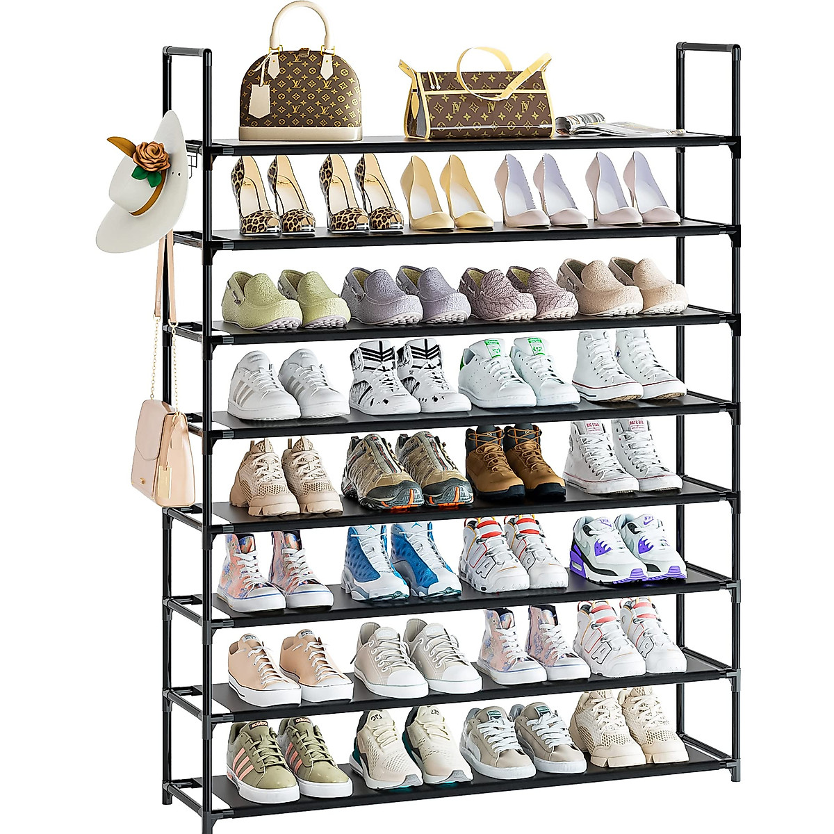 OYREL 8 Tier Shoe Organizer, 33.3in Wide x 11.2in Deep x 55.7in Tall, Black Metal and Plastic Shoe Rack, Holds up to 32-40 Pairs of Shoes