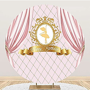 Leyiyi 6.5x6.5ft Ballerina Happy Birthday Round Backdrop Pink and Gold Ballet Girl Curtain Princess 1st Birthday Party Decor Banner Tutu Ballerina Birthday Party Baby Shower Cake Table Supplies