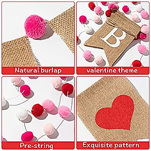 WATINC 2PCS Valentine's Day Burlap Banners Pom Pom Garland Set, Be Mine Burlap Banner with Felt Ball Decoration, Valentine Wedding Anniversary Party Bunting Garland Lover Romantic Hanging Decors