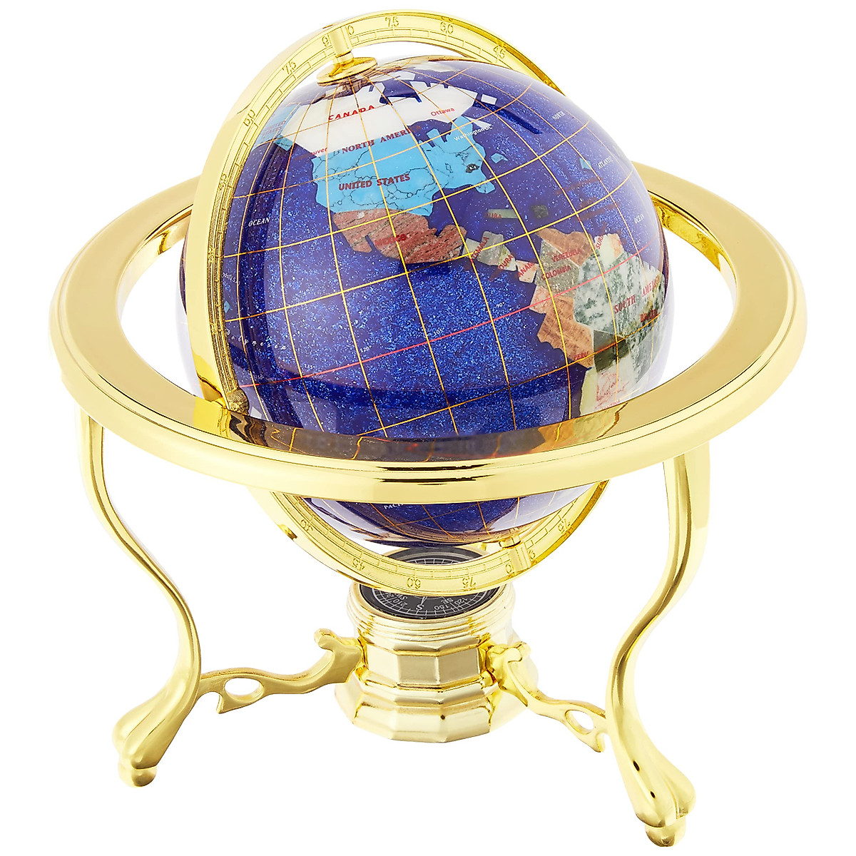 Unique Art 10-Inch Tall Table Top Blue Crystallite Ocean Gemstone World Globe with Gold Tripod Stand