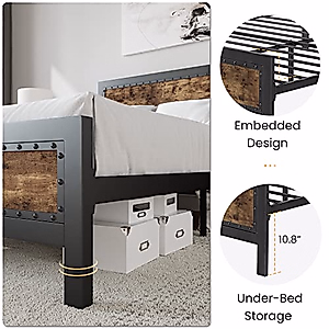 SHA CERLIN Grey Metal Bed Frame Queen/Industrial Wooden Platform Bed with Rivet Headboard/No Box Spring Needed