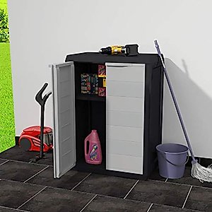 Qiilu Polypropylene Lockable Storage Cabinet, 25.6X 15 x 34.3 in Polypropylene Garden Storage Cabinet with 2 Adjustable Shelves Counter Height Cabinet Jumbo Storage Cabinet for Outdoor Patio