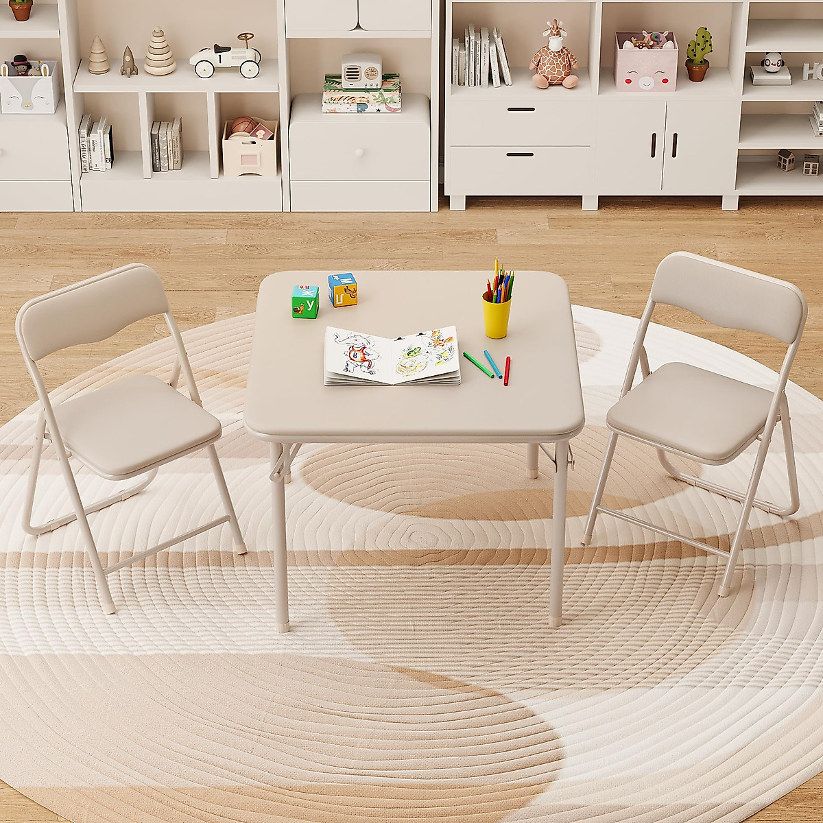 IDEALHOUSE Boys and Girls Folding Table and Chairs Set of 3, Portable Table and Chair with Pu Soft Cushion,Suitable for Eating,Reading and Playing