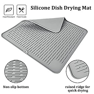 Elyum Dish Drying Mat, Silicone Drying Mat Heat Resistant Dish Mat Easy Clean Drying Mats for Kitchen Counter Non-Slip Kitchen Drying Mat (18" x 16'' , Gray)