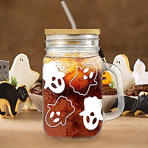 Whaline Halloween Mason Jar Mug with Handle 18oz Cute Ghost Mason Jar Drinking Glasses Halloween Ghost Ice Coffee Cups Glass Mugs Tumbler with Lid and Straw for Iced Coffee Tea Soda Cocktail Gifts