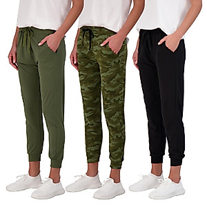 Real Essentials Women's Lounge Jogger Soft Teen Sleepwear Pajamas Fashion Loungewear Yoga Pant Active Athletic Track Running Workout Casual wear Ladies Yoga Sweatpants Pockets, Set 4, S, Pack of 3