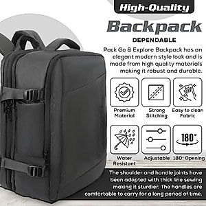PACK GO & EXPLORE Travel Backpack, Personal Item Bag for Airlines, Travel Backpack for Women, Carry On Backpack, Laptop Backpack, Travel Backpack for Men, 18x14x8 inches Travel Bag (Black)