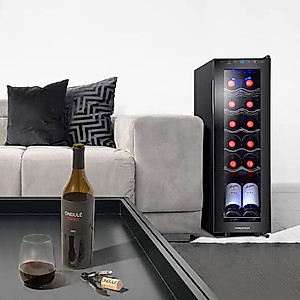 Phiestina Wine Cooler, Freestanding Wine Fridge Holds 12 Bottles, Small Wine Refrigerator for Home Bar with Digital Temperature Control, Glass Front Doors and Interior Lighting