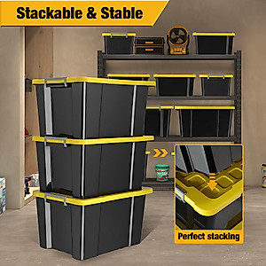 BROVIEW V12 16Gal Heavy Duty Storage Bins with Latching Lids, Stackable Plastic Tough Tote Containers with Handles for Tools Camping Hunting Sporting Goods Organizing (Black Base/Yellow Lid, 4Pack)