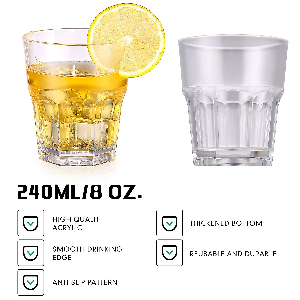 Set of 24 Acrylic Drinking Glasses 8 oz Clear Reusable Water Drinking Cups Stackable Shatterproof Unbreakable Drinking Tumblers Water Glasses for Juice Beverages Drinks Coffee Wine Applications