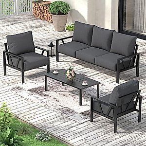 COMLAX FIELD Outdoor Patio Furniture Set, 4 Pieces Metal Patio Furniture Set with Coffee Table, Modern Outdoor Patio Conversation Seating Set, Grey