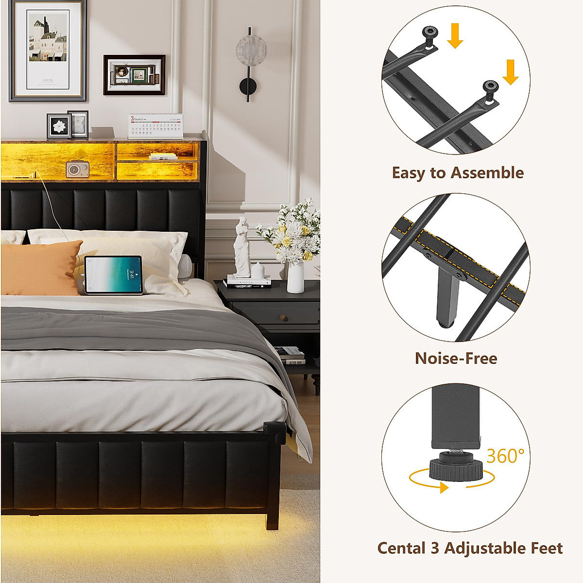 Alohappy Queen Bed Frame with Bookcase Headboard and LED Light,Upholstered Platform LED Bed Frame with Charging Station,Type-C & USB Ports,No Box Spring Needed,Easy Assembly and Noise Free