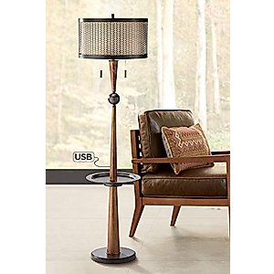 Franklin Iron Works Hunter Rustic Farmhouse Vintage Floor Lamp with Tray Table and USB Port 64.75" Tall Painted Bronze Faux Wood Oatmeal Linen Drum Shade for Living Room Reading House Bedroom Home