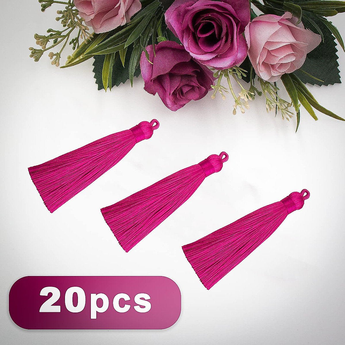 VAPKER 20pcs Deep Pink Tassel Mini Silk Tassels for Craft Jewelry Making Woman, Handmade Soft Ice Silky Tassels with Loops for DIY Projects, Bookmarks(8.5CM/3.5 Inches)