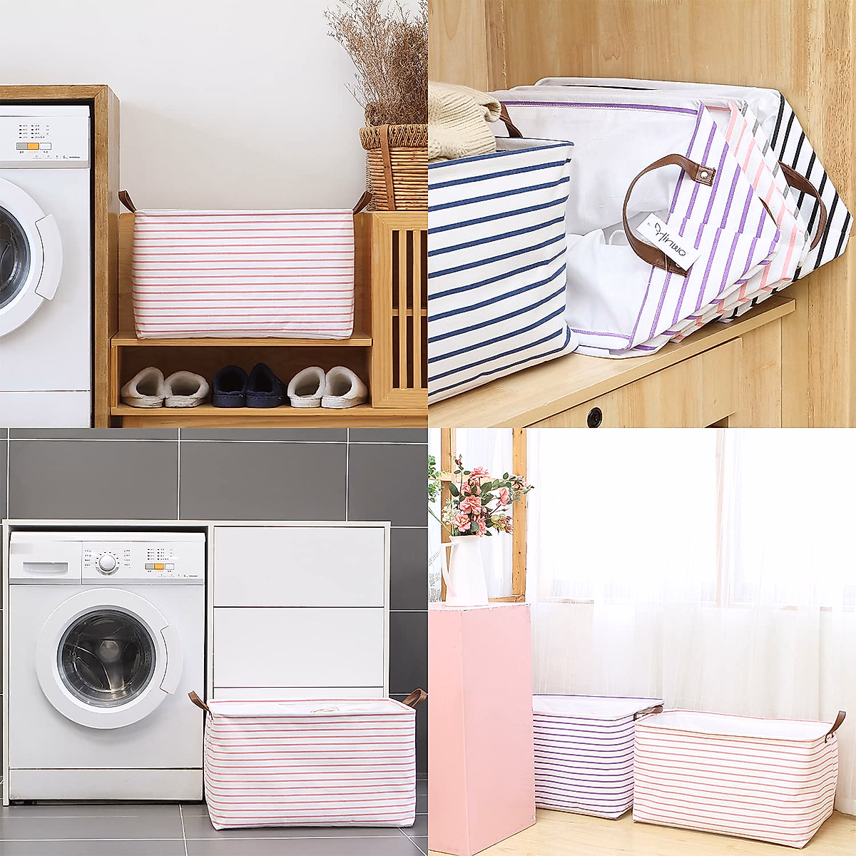 Hinwo 31L Large Storage Bins, Closet Organizers and Storage, Shelf Baskets, Foldable Clothes Storage Baskets with Handles, Containers for Clothing, Blanket, Towels, Toys, Bedding (Pink Stripe)