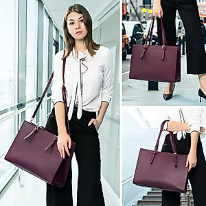 LOVEVOOK Laptop Bag for Women, Fashion Computer Tote Bag Large Capacity Handbag, Leather Shoulder Bag Purse Set, Professional Business Work Briefcase for Office Lady, 2PCs, 15.6-Inch, Deep Plum