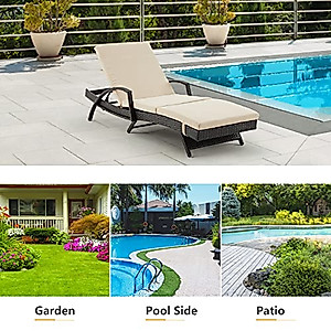 RYNSTO Patio Lounge Chair Rattan Chaise Lounge Chair with Adjustable Backrest Thickened Cushion, PE Rattan Steel Frame Outdoor Reclining Chaise for Patio Backyard Porch Garden Poolside, Khaki