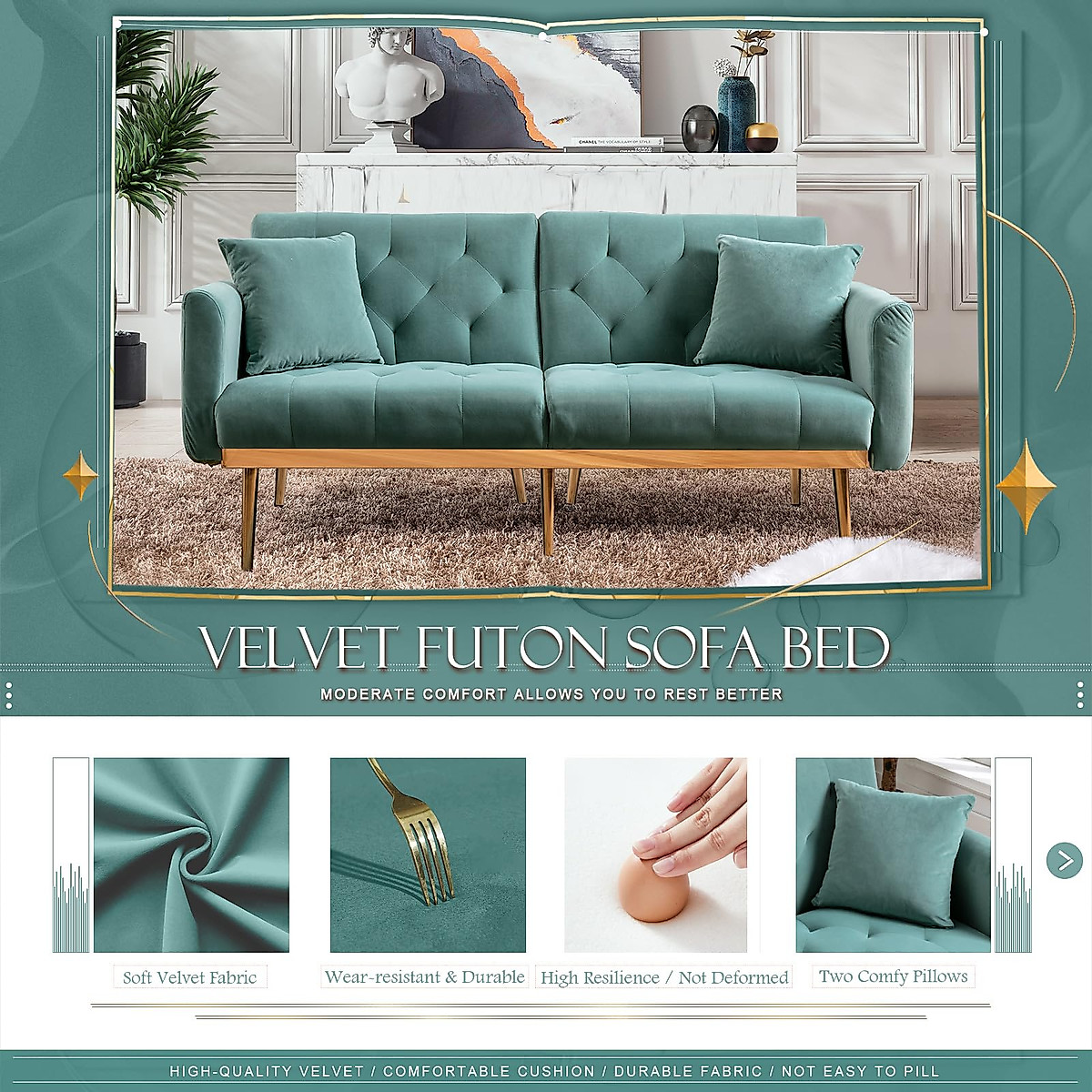 Convertible Velvet Futon Sofa Bed, Upholstered Loveseat Sleeper Couch with 3 Reclining Angles and 2 Pillows, Modern Living Room Sofa Couch with 5 Solid Metal Legs for Guest Room, Office, Mint Green