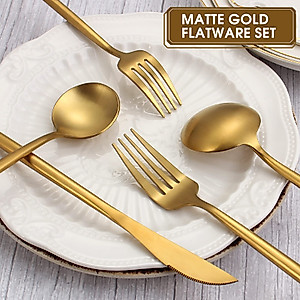 VANVRO Matte Gold Silverware Set, 20-Piece Stainless Steel Flatware Set, Tableware Cutlery Set Service for 4, Satin Finish Utensils Set, Knife Fork Spoon Set for Home and Restaurant, Dishwasher Safe