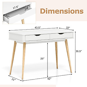Tangkula Mid Century Desk with 2 Storage Drawers, Modern Writing Study Desk with Rubber Wood Legs, Versatile Home Office Study Desk for Small Space, Vanity Table for Bedroom (White)
