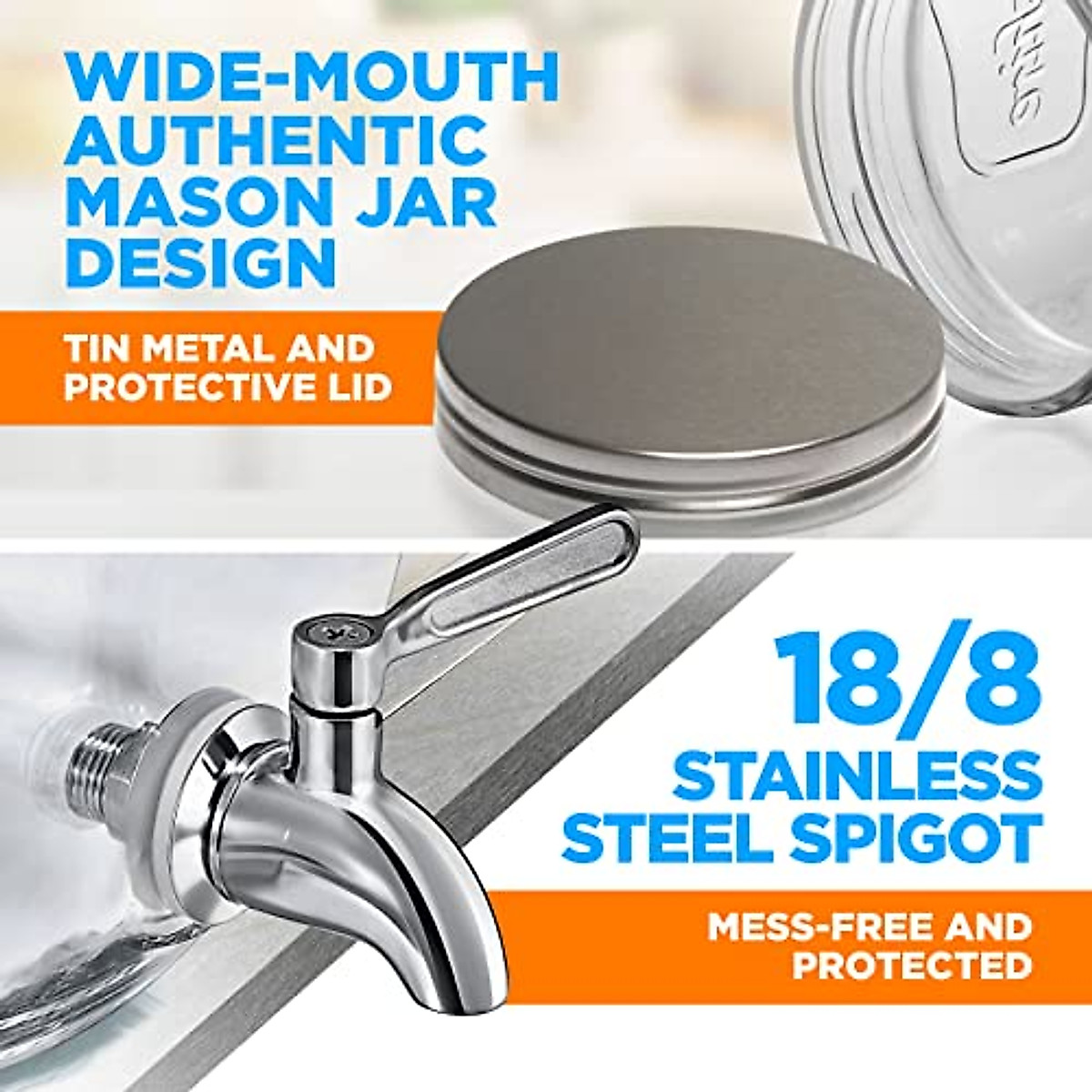 NutriChef 2-Gallon Glass Beverage Dispenser - Mason Jar Style Drink Container Jug w/Stainless Steel Spigot & Plastic Ice Infuser, Wide Mouth Easy Filling, 100% Leak-proof Lid, For Party or Daily Use