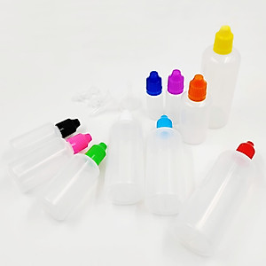 NANSHINE 100MLx10 LDPE Plastic Dropper Bottles Empty Squeeze Liquid Eye Dripper Containers with Child Resistant Cap (Bottles + Mixing Color Caps + Tips+label)