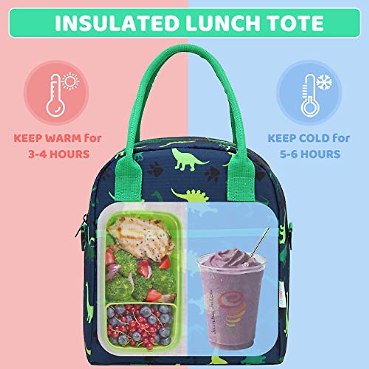 VASCHY Lunch Box Bag for Kids, Insulated Lightweight Lunch Box Tote for Toddler Boys and Girls School Daycare Kindergarten Dinosaur