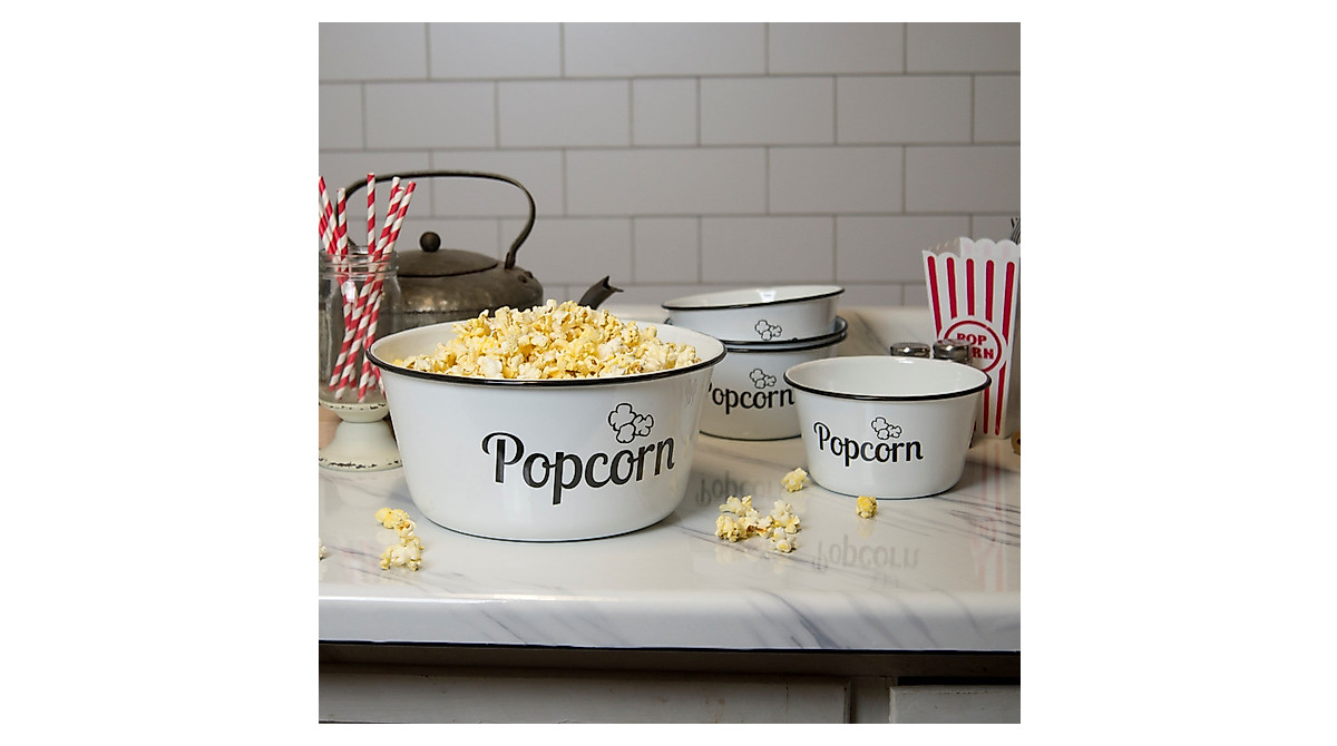 Vintage White Enamel Popcorn Bowl Set of Five