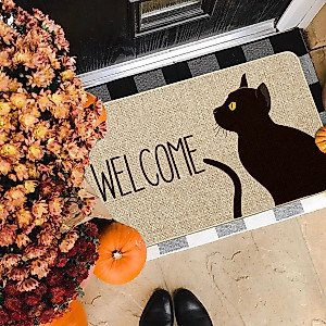 Artoid Mode Black Cat Welcome Decorative Doormat, Pet Halloween Floor Mat Switch Mat for Indoor Outdoor 17 x 29 Inch