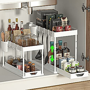 HI NINGER 2 Pack Adjustable Height Under Sink Organizers and Storage, 2Tier Bathroom Organizer Under Sink,Multifunction Kitchen Under Sink Organizer with 8 Hooks and 2 Hanging Cups and16Non-slip mat