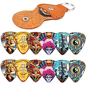 THIVENNY Guitar Picks 12 Medium Pack with Leather Picks Holder and Tin Box,Unique Artistic Celluloid Guitar Pick for Bass Electric Guitar Acoustic Guitar Lovers Gift (Mix-6) (1002-1)