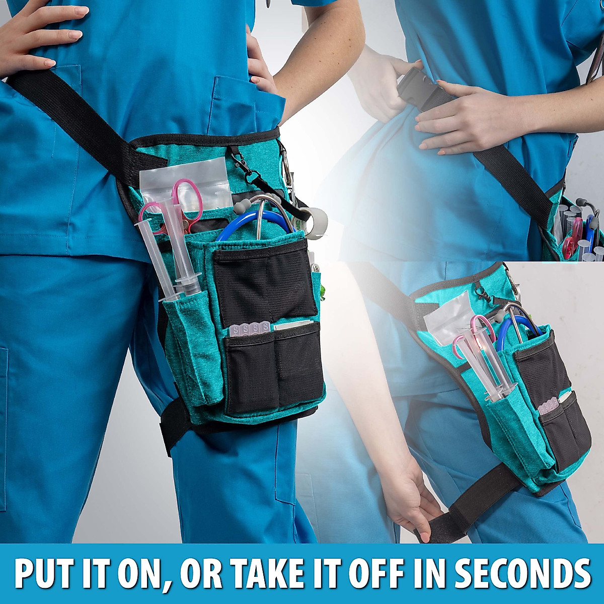 Nurse Fanny Pack w/Elastic Leg Band - Multi Compartment Waist Organizer Tool Bag for Students, Practitioners & Medical Professionals (Aqua Blue)