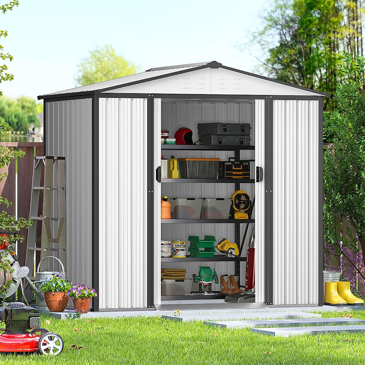 SUNCROWN Outdoor Backyard Garden Storage Shed 4X6 FT Yard Storage Tool with Sliding Door for Lawn Equipment Garden Backyard, White
