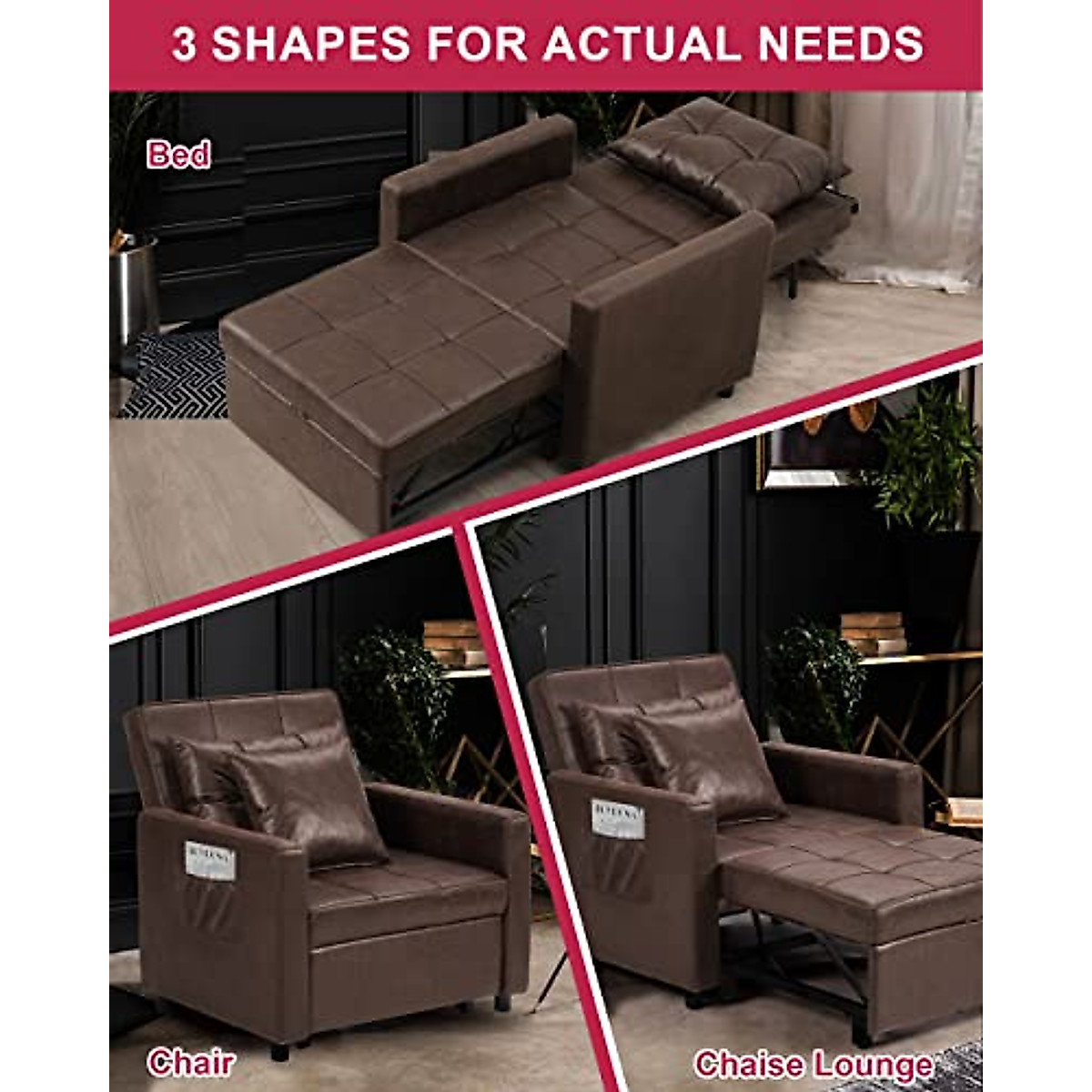 Litbird Convertible Chair Sleeper Bed, Futon Chair Turns Into Bed, Sofa Chair for Living Room, 3 in 1, Imitation Leather, Brown…