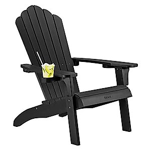 Cecarol Normal Size Adirondack Chair, Poly Lumber Comfortable Patio Fire Pit Chair with 2 Cup Holder, 385lbs Capacity, All Weather Resistant and Durable Chair for Indoor, Outdoor, Garden, Black-AC01S